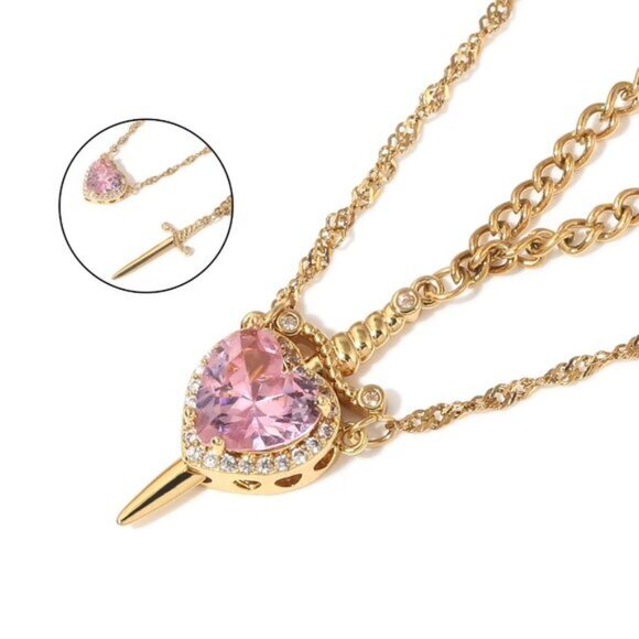 Jewelry | Gold Pink Heart Dagger Necklace Set Sword Pendant Layered ...